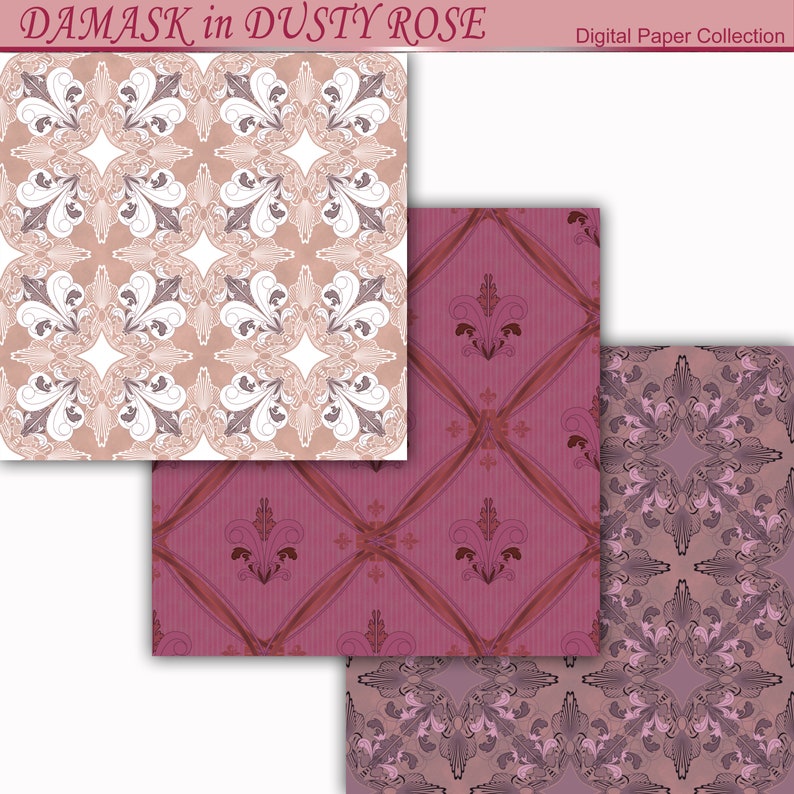Dusty Rose Damask Digital Paper: Seamless Baroque Patterns (12x12 ...
