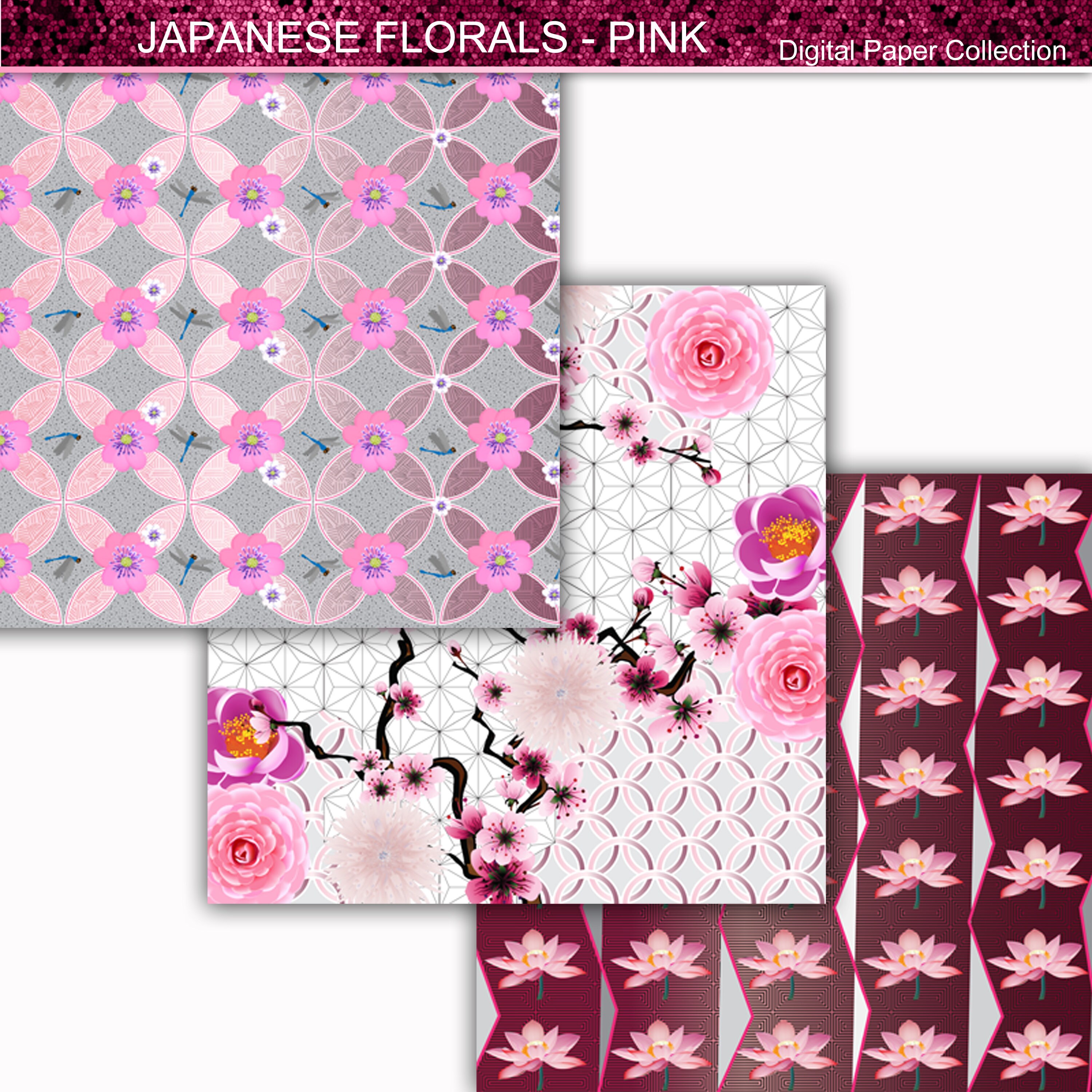 Japanese Florals in Pink Digital Paper Collection 12x12 | Etsy