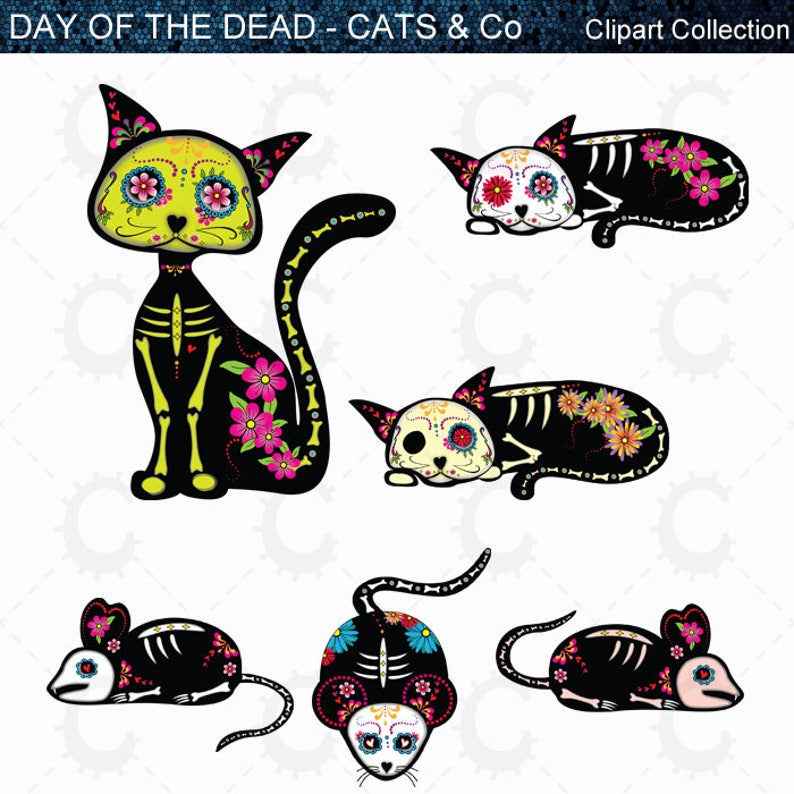 Day Of The Dead Cats & Co. Clipart Collection | Etsy