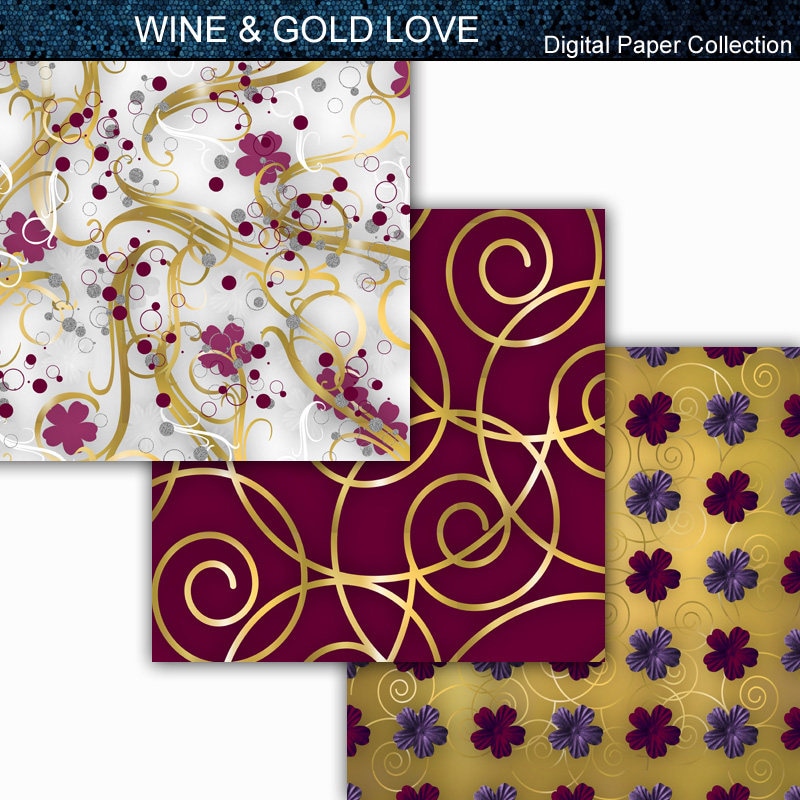 Wine & Gold Love - Digital Paper Collection 12x12 - Etsy