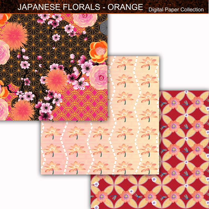 Japanese Florals in Orange Digital Paper Collection 12x12 - Etsy