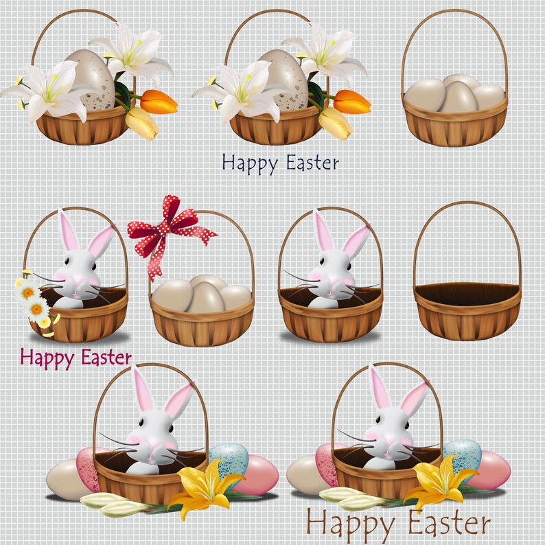 Easter Baskets Flowers & Eggs Easter Clipart Collection | Etsy