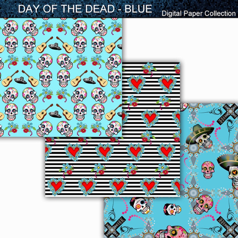 Day of the Dead Aqua - Digital Paper Collection 12x12 - Etsy