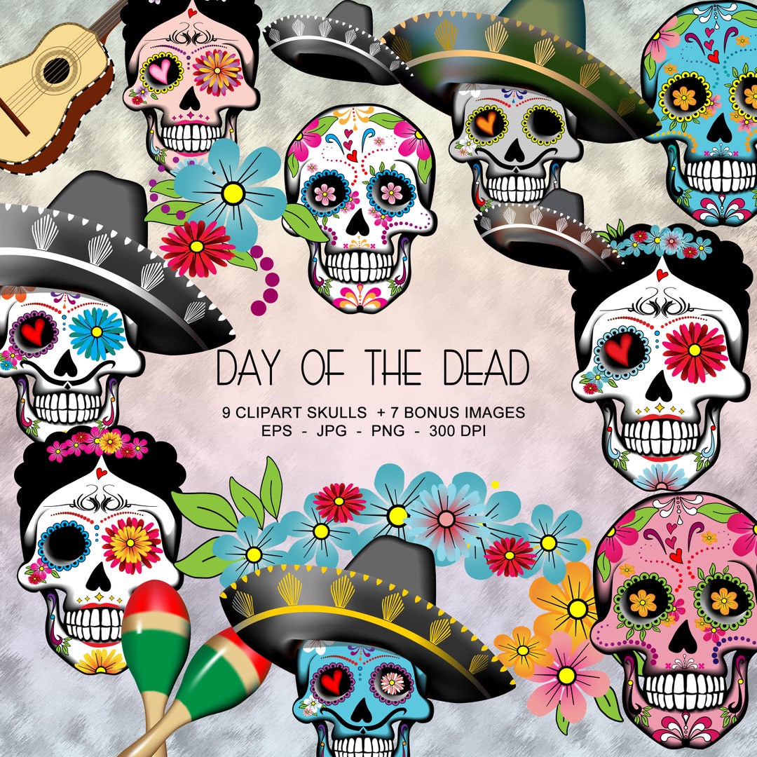 Sugar Skulls Day of the Dead Clipart Collection - Etsy