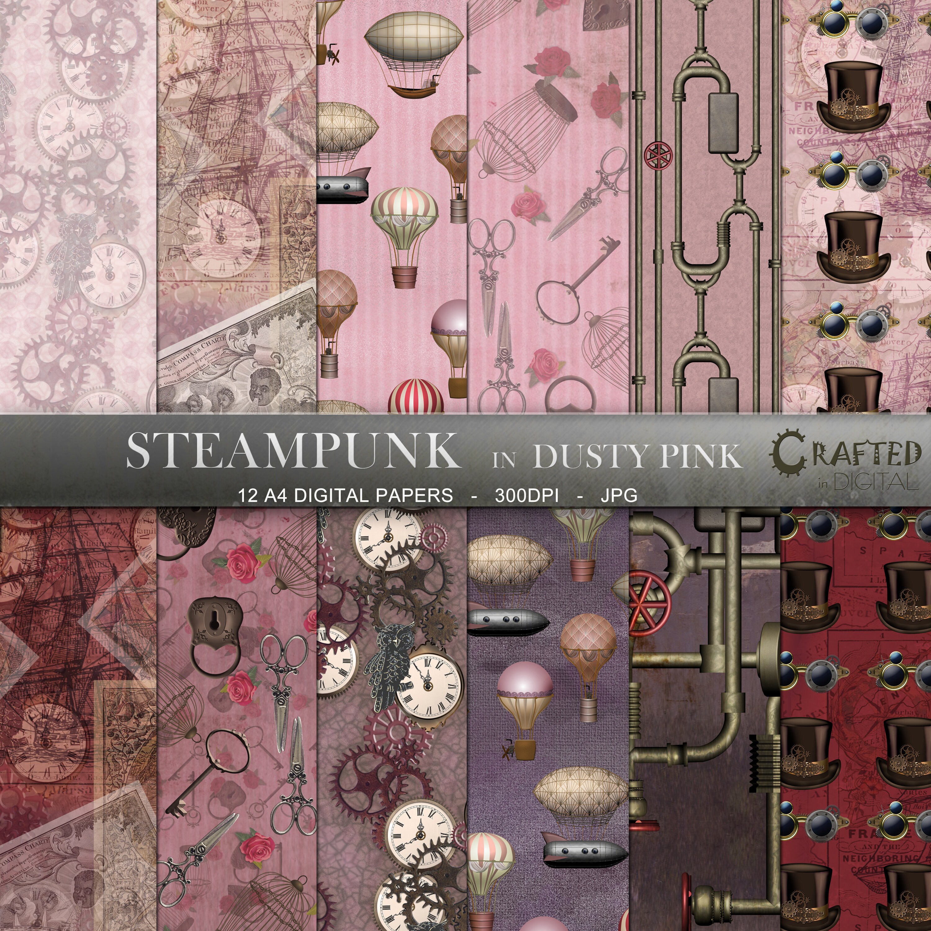Steampunk Pink A4 Digital Paper Collection | Etsy