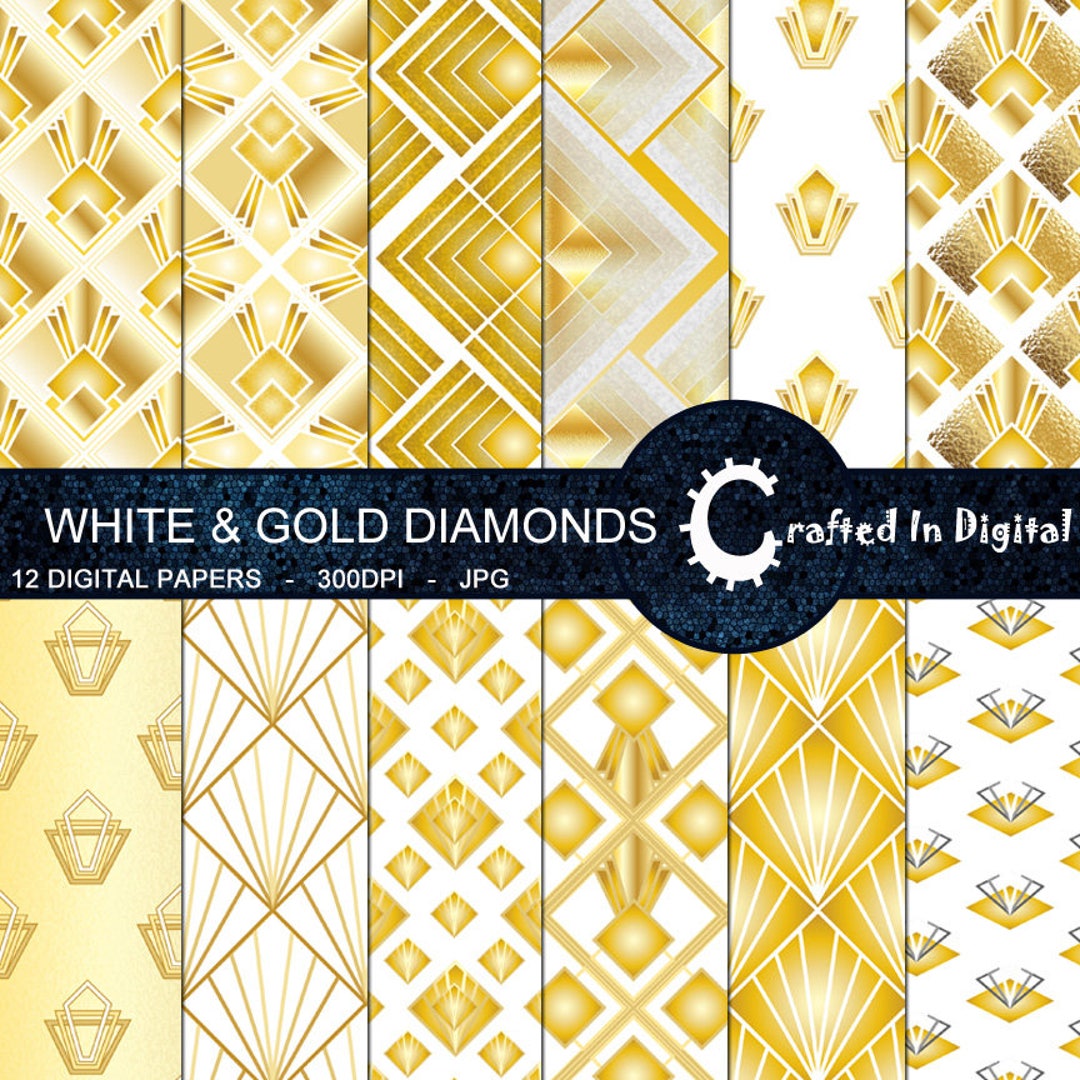 White and Gold Art Deco Diamonds - Digital Paper Collection 12x12 - Etsy