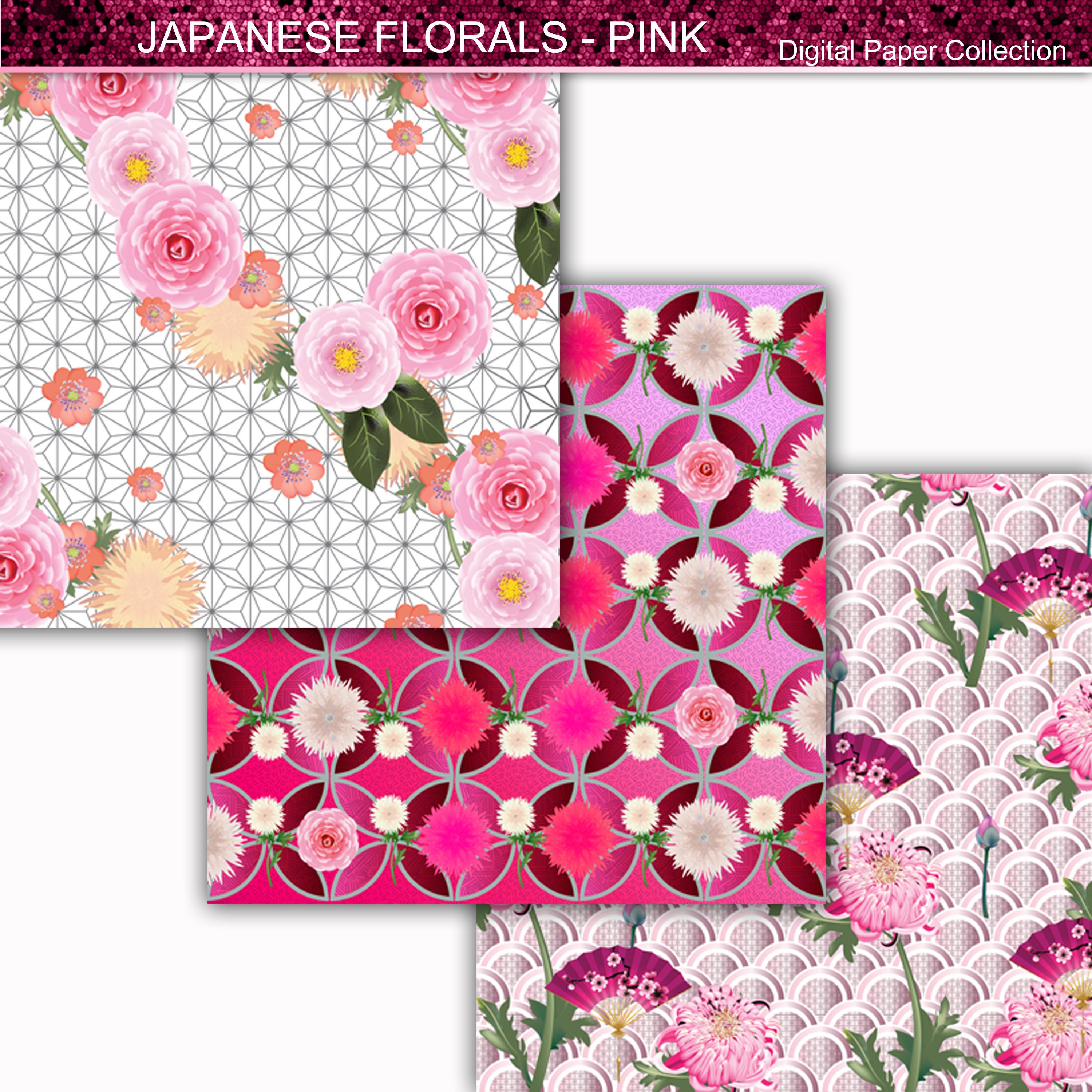 Japanese Florals in Pink Digital Paper Collection 12x12 - Etsy