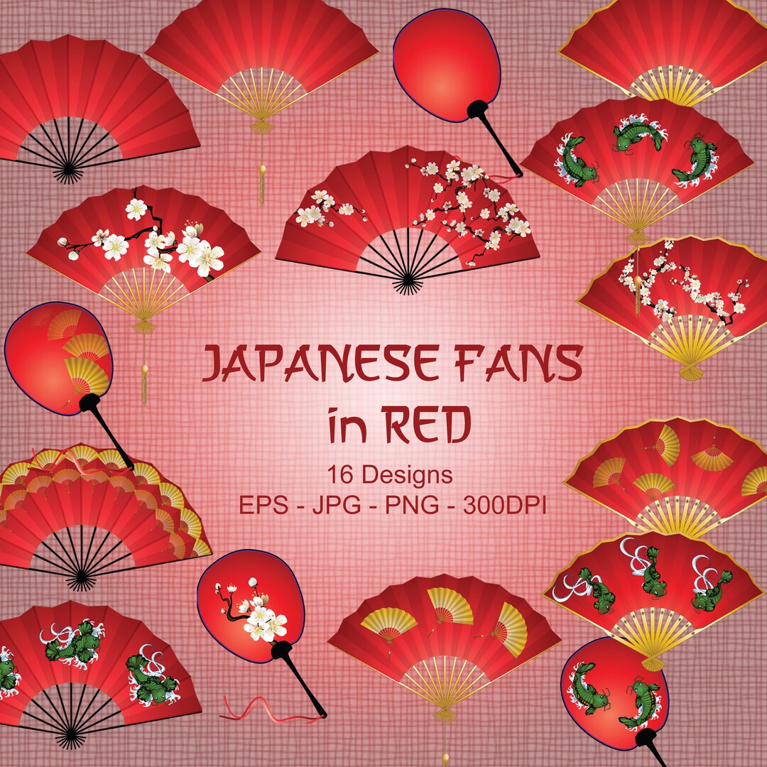 Red Coloured Japanese Fans Clipart Collection - Etsy