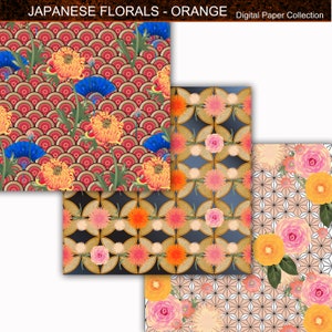 Japanese Florals in Orange - Digital Paper Collection 12x12 - Etsy