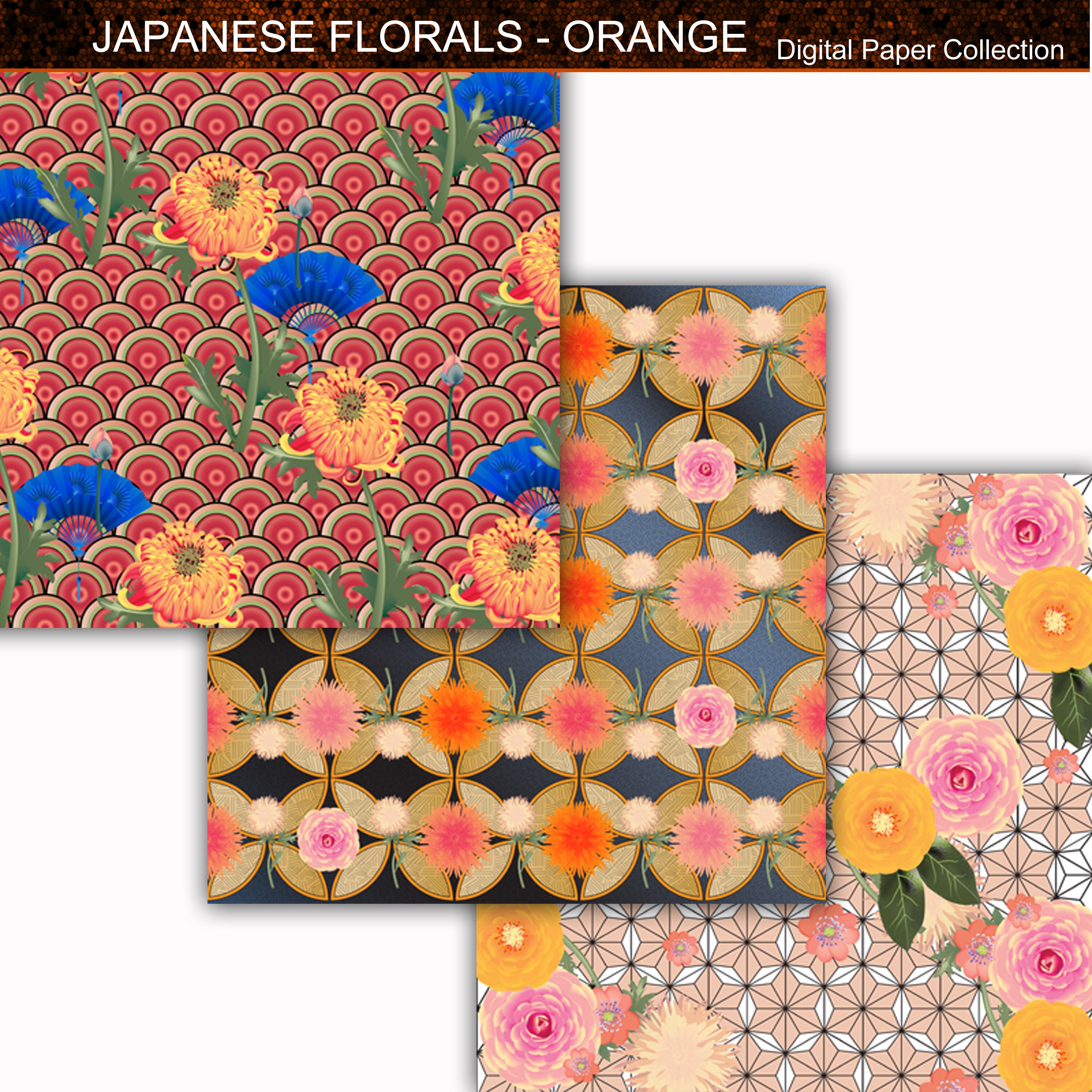 Japanese Florals in Orange Digital Paper Collection 12x12 - Etsy