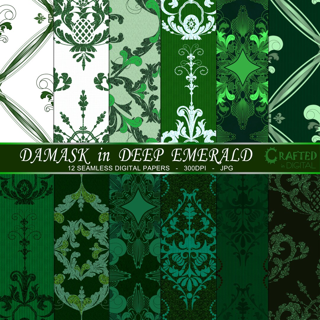 Seamless Deep Emerald Damask Digital Background Damask Digital Paper ...