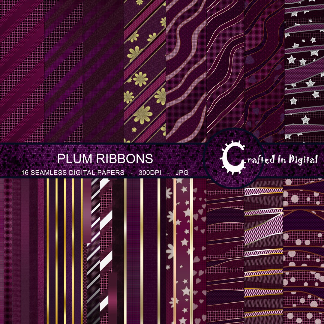 Plum Ribbons - 16 Seamless Striped, Wavy, Textured Ribbon Digital ...