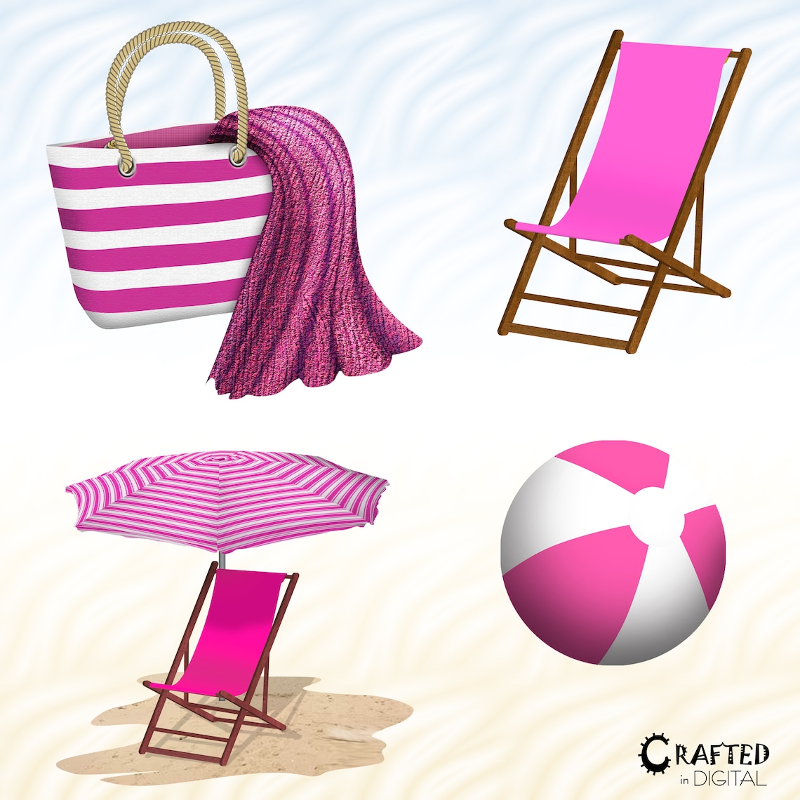 Summer Beach in Pink Bright Summer Clipart Collection | Etsy