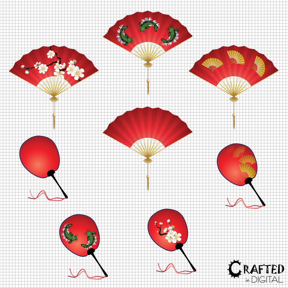Red Coloured Japanese Fans Clipart Collection | Etsy Australia