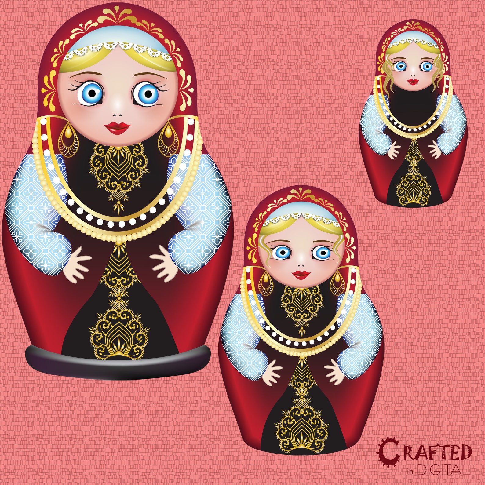 Matryoshka Dolls in Red, Russian Babushka Dolls Vector Clipart ...