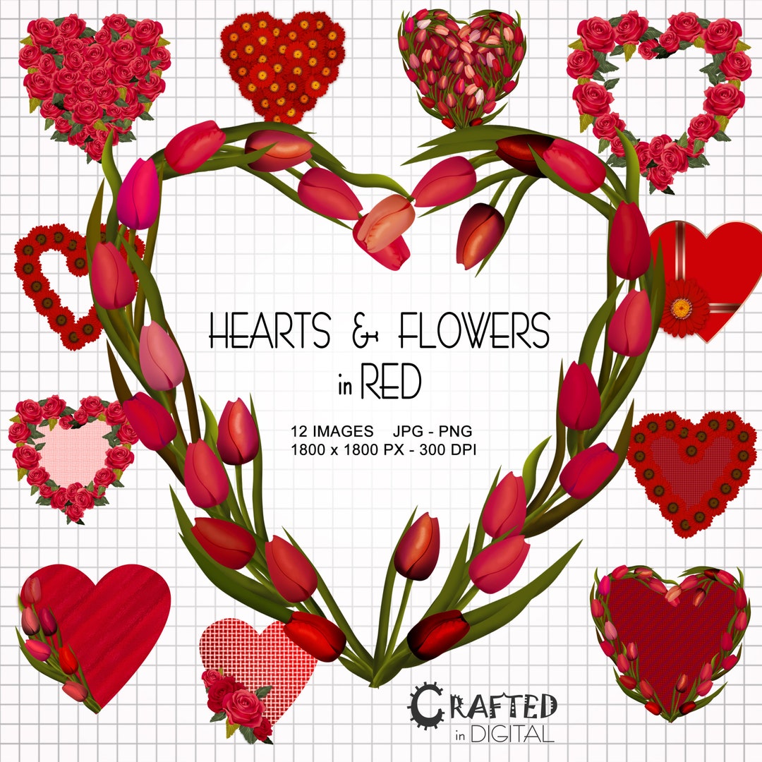 Hearts & Flowers in Red - Roses, Gerbera and Tulip Valentine Hearts ...