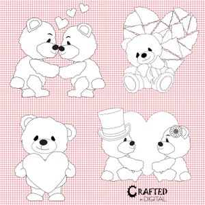 Valentine Bears Digital Stamps - 9 Black & White Valentine's Day ...