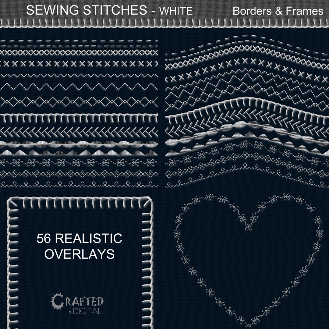 Sewing Stitches in White - 56 Straight, Curved, Rectangle and Heart ...