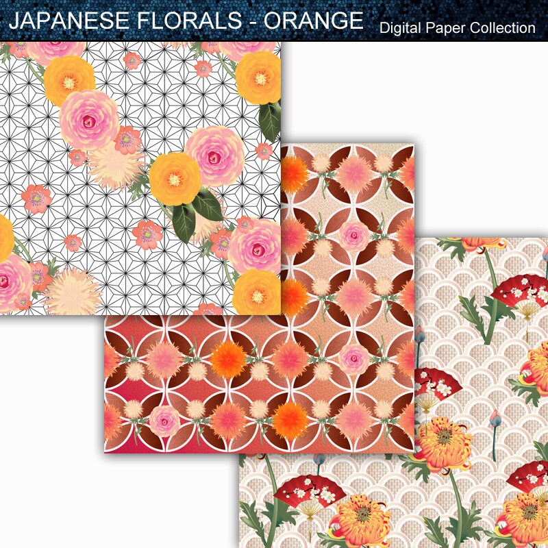 Japanese Florals in Orange Digital Paper Collection 12x12 | Etsy