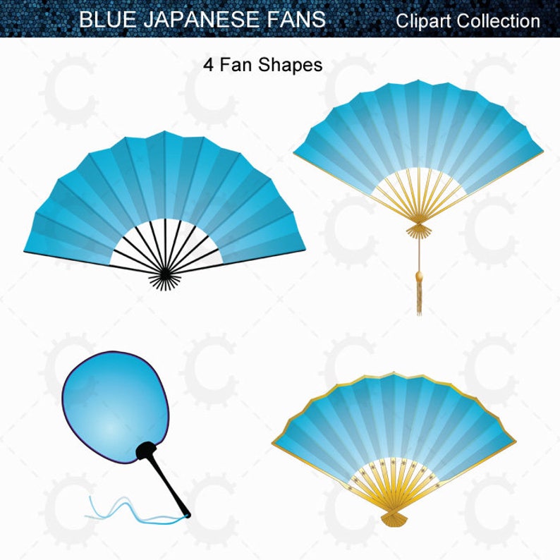 Blue Coloured Japanese Fans Clipart Collection | Etsy