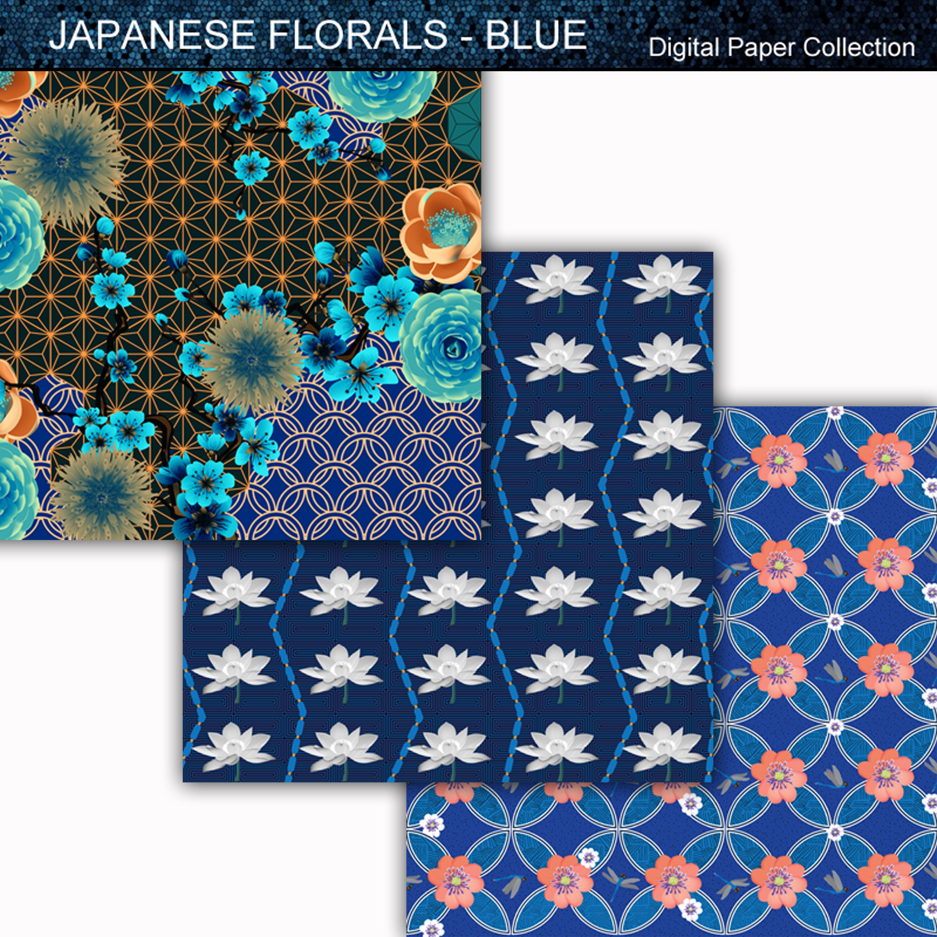 Japanese Florals in Blue - Digital Paper Collection 12x12 - Etsy