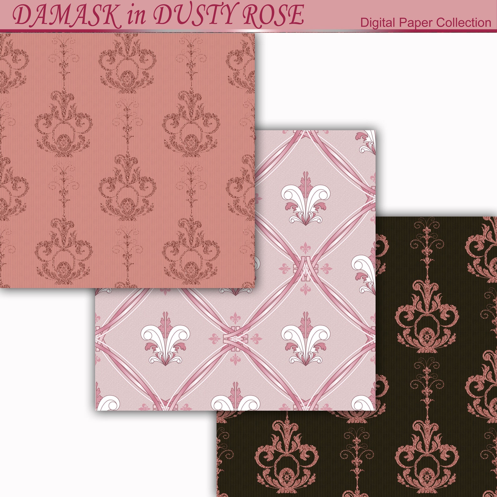 Dusty Rose Damask Digital Paper: Seamless Baroque Patterns (12x12 ...