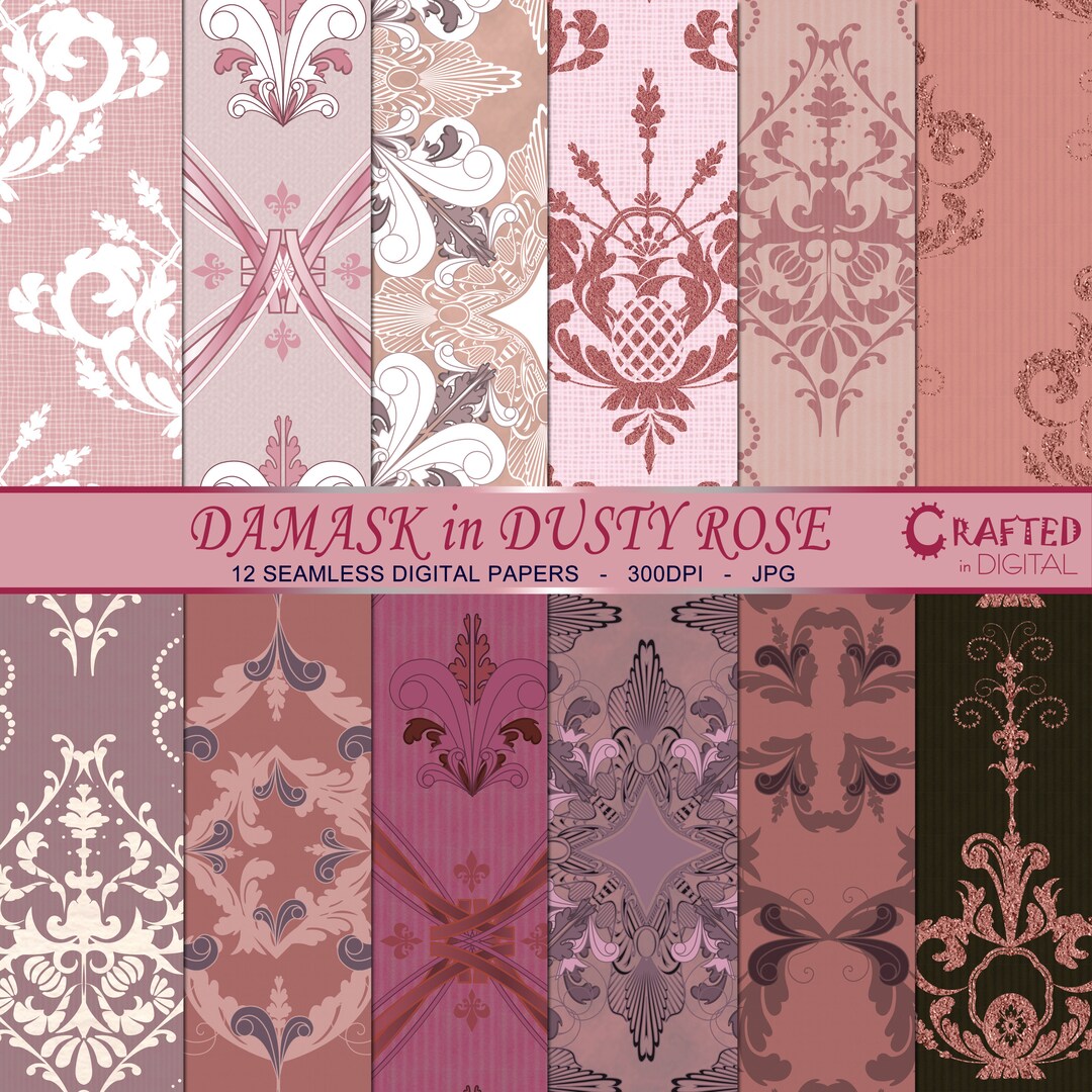 Dusty Rose Damask Digital Paper: Seamless Baroque Patterns (12x12 ...