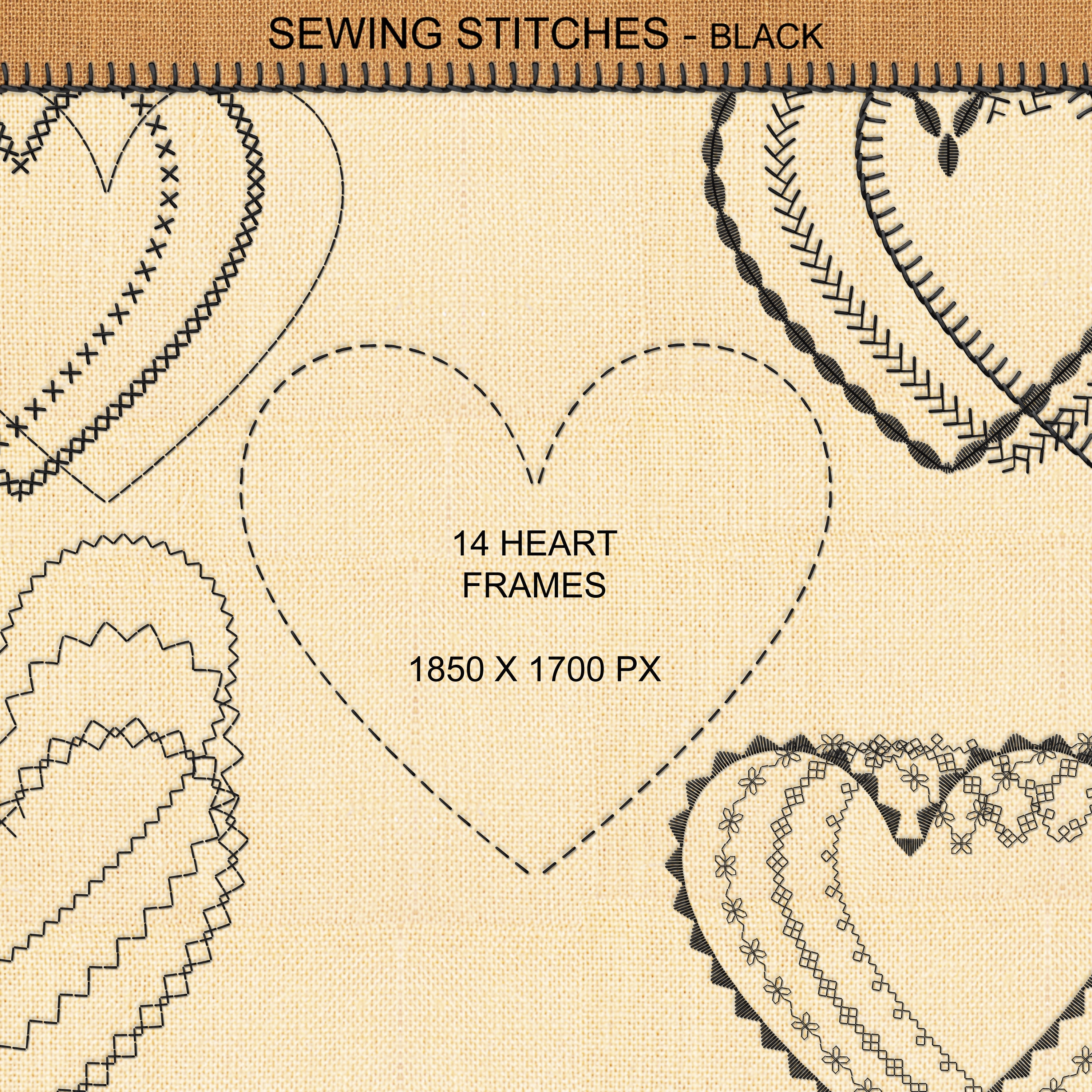 Sewing Stitches in Black - 56 Straight, Curved, Rectangle and Heart ...