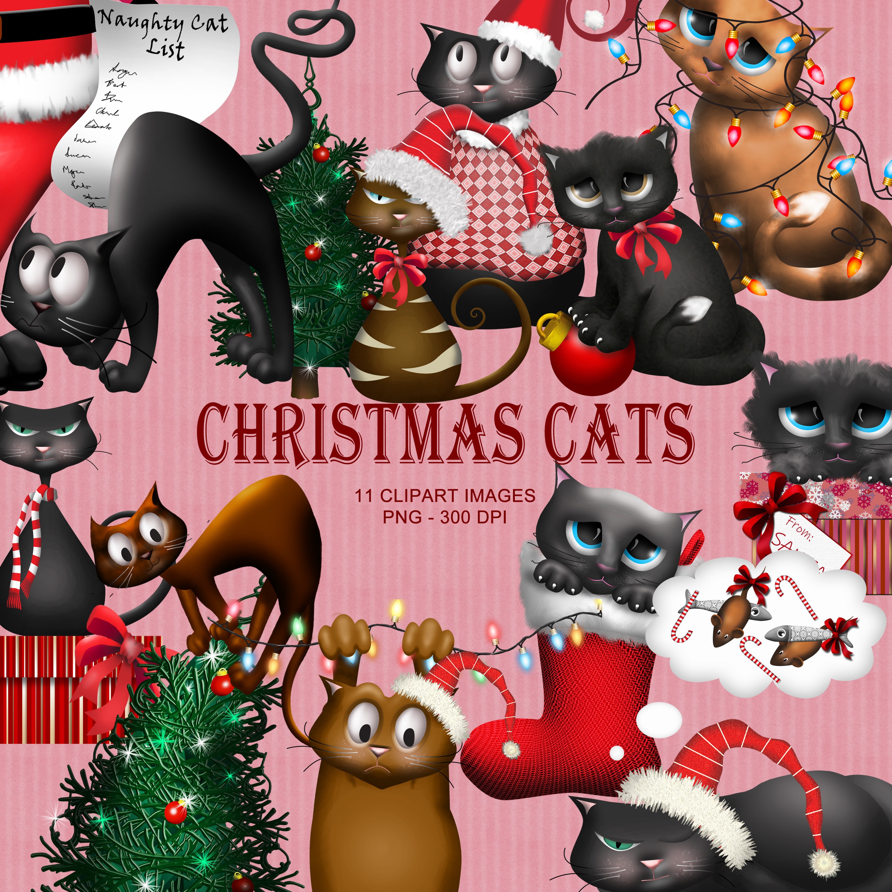 Christmas Cats and Kittens Clipart Collection | Etsy