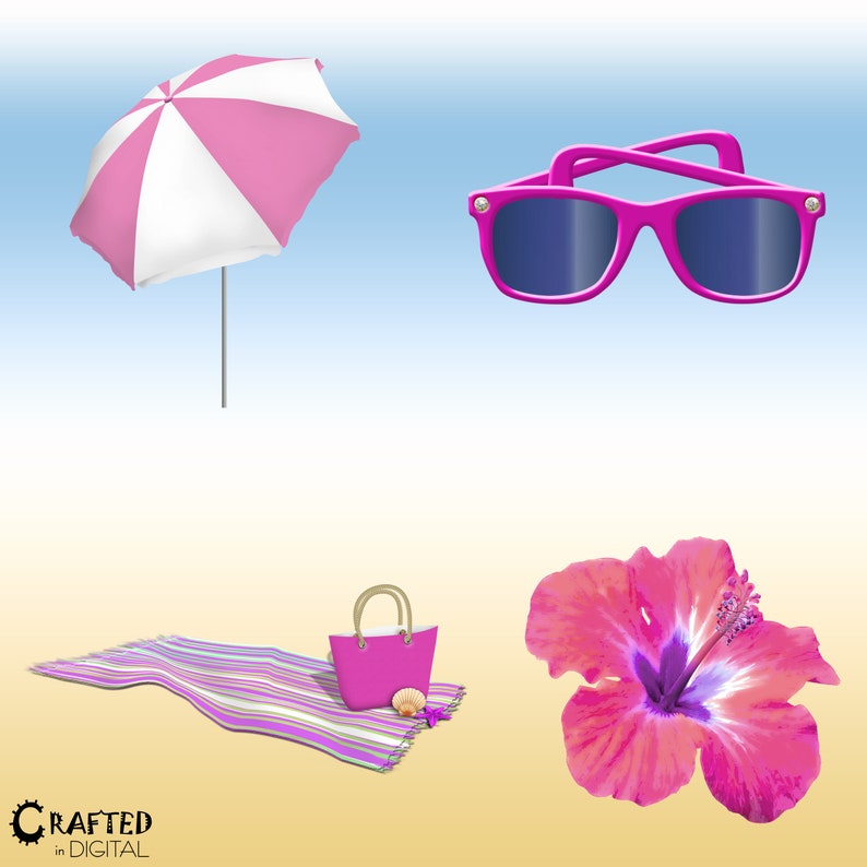 Summer Beach in Pink Bright Summer Clipart Collection | Etsy