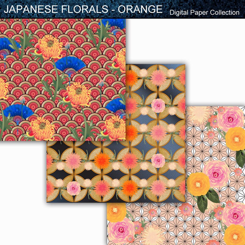 Japanese Florals in Orange Digital Paper Collection 12x12 | Etsy