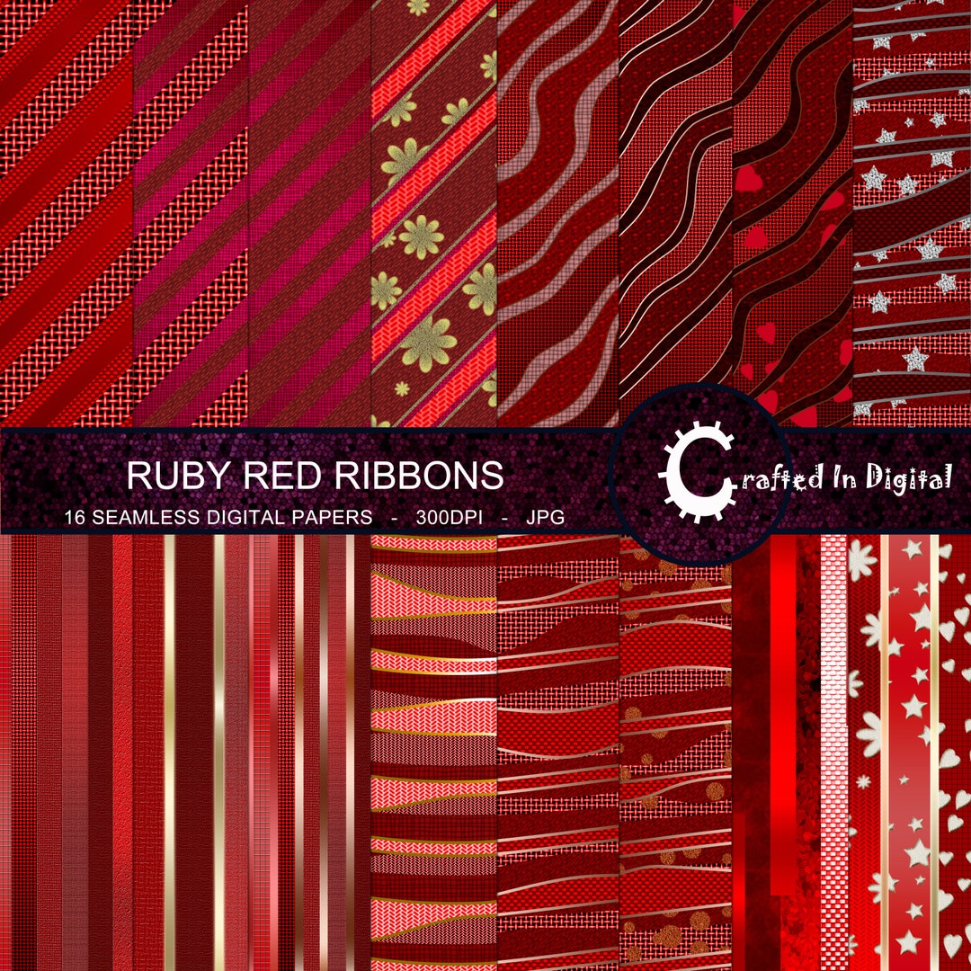 Ruby Red Ribbons - 16 Seamless Striped, Wavy, Textured Ribbon Digital ...
