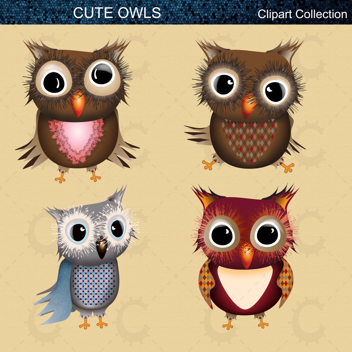 Cute Vintage Coloured Owls Owl Clipart Collection | Etsy