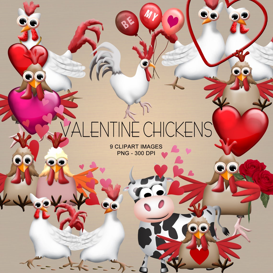 Valentine Chickens- Clipart Collection - Etsy