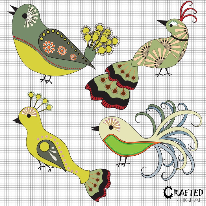 Fancy Birds in Green Clipart Collection - Etsy