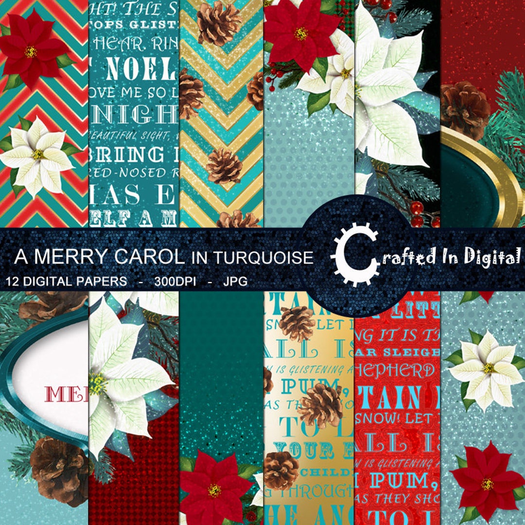Christmas Carols in Turquoise & Red Digital Paper Collection 12x12 - Etsy