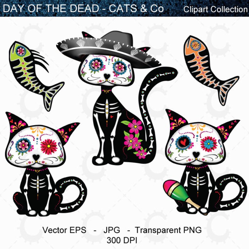 Day Of The Dead Cats & Co. Clipart Collection | Etsy