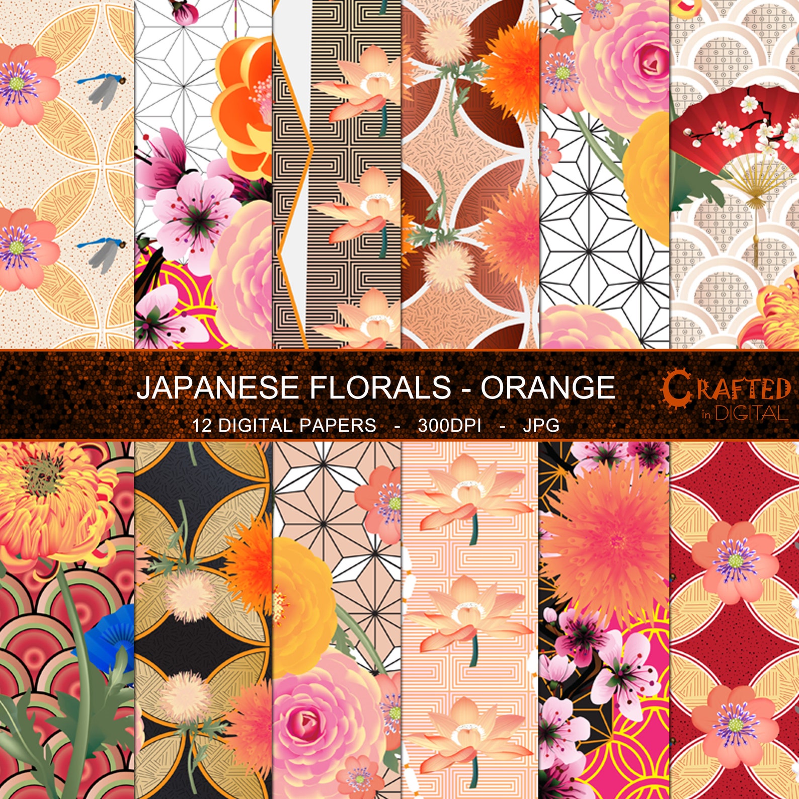 Japanese Florals in Orange Digital Paper Collection 12x12 | Etsy