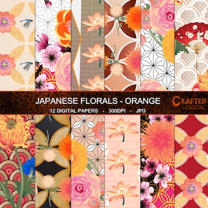 Japanese Florals in Orange - Digital Paper Collection 12x12 - Etsy