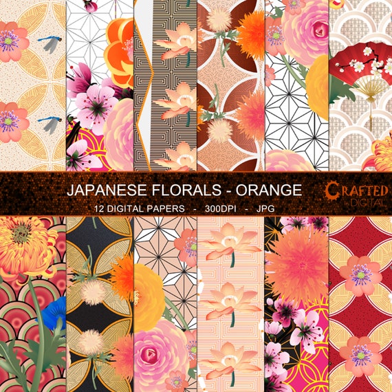 Japanese Florals in Orange Digital Paper Collection 12x12 | Etsy