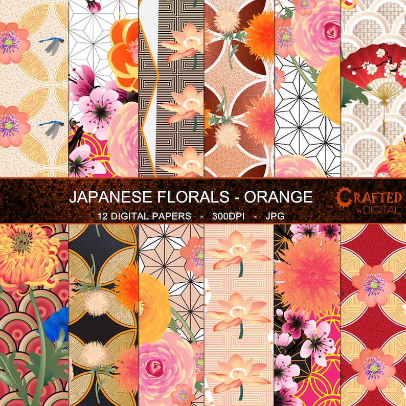 Japanese Florals in Orange Digital Paper Collection 12x12 | Etsy