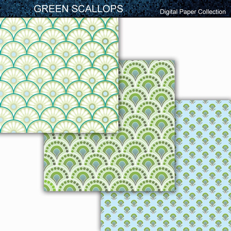 Green Scallops & Flowers - Digital Paper Collection 12x12 - Etsy