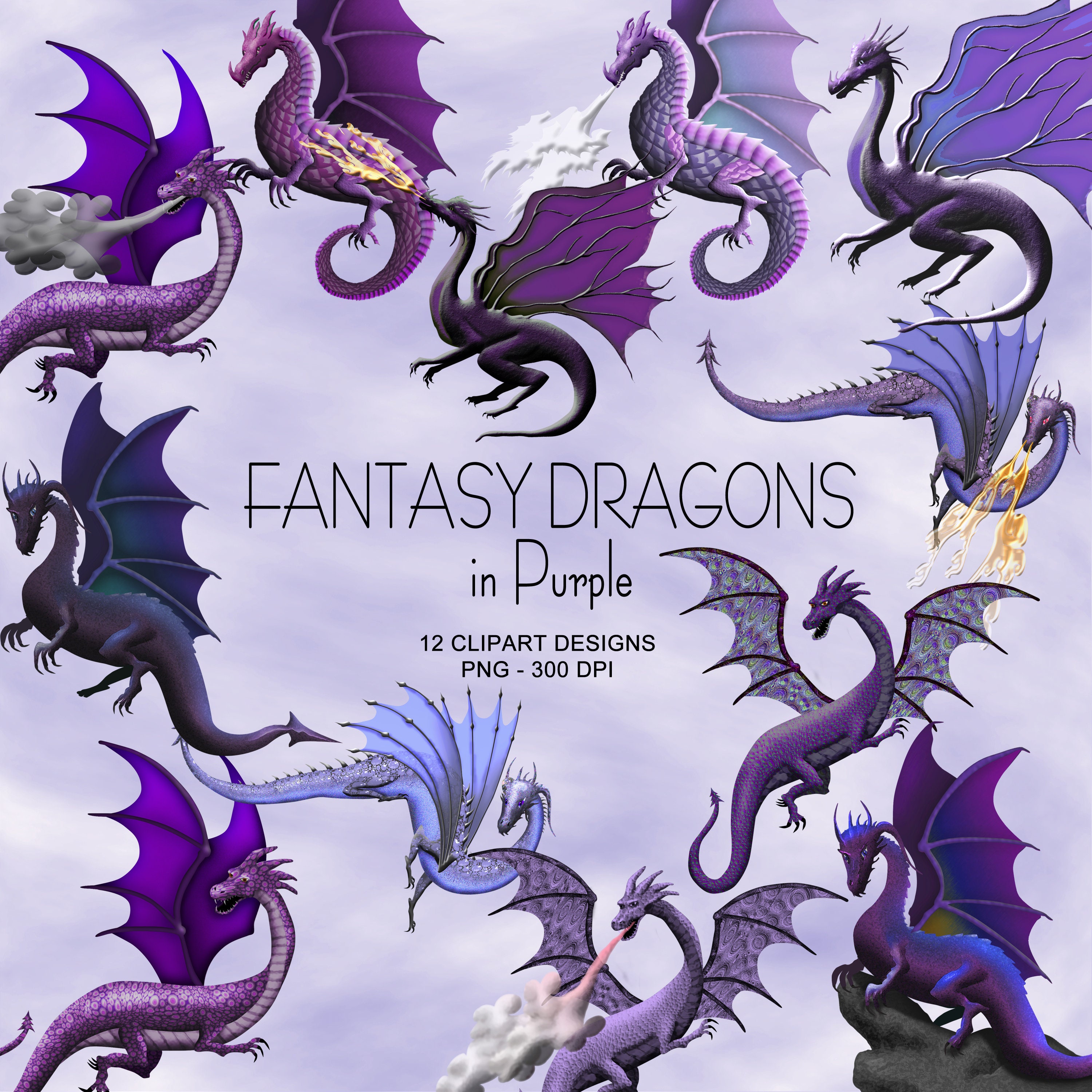 Purple Dragons Fantasy Dragons Clipart Collection | Etsy