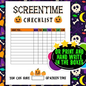 Halloween Screen Time Checklist | Editable | Instant Download | Chore ...