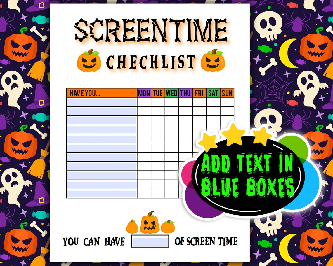 Halloween Screen Time Checklist | Editable | Instant Download | Chore ...