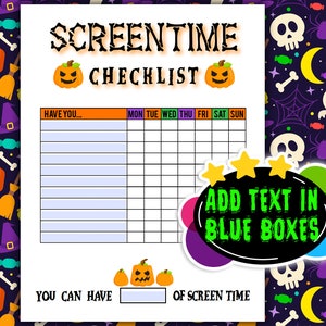 Halloween Screen Time Checklist | Editable | Instant Download | Chore ...