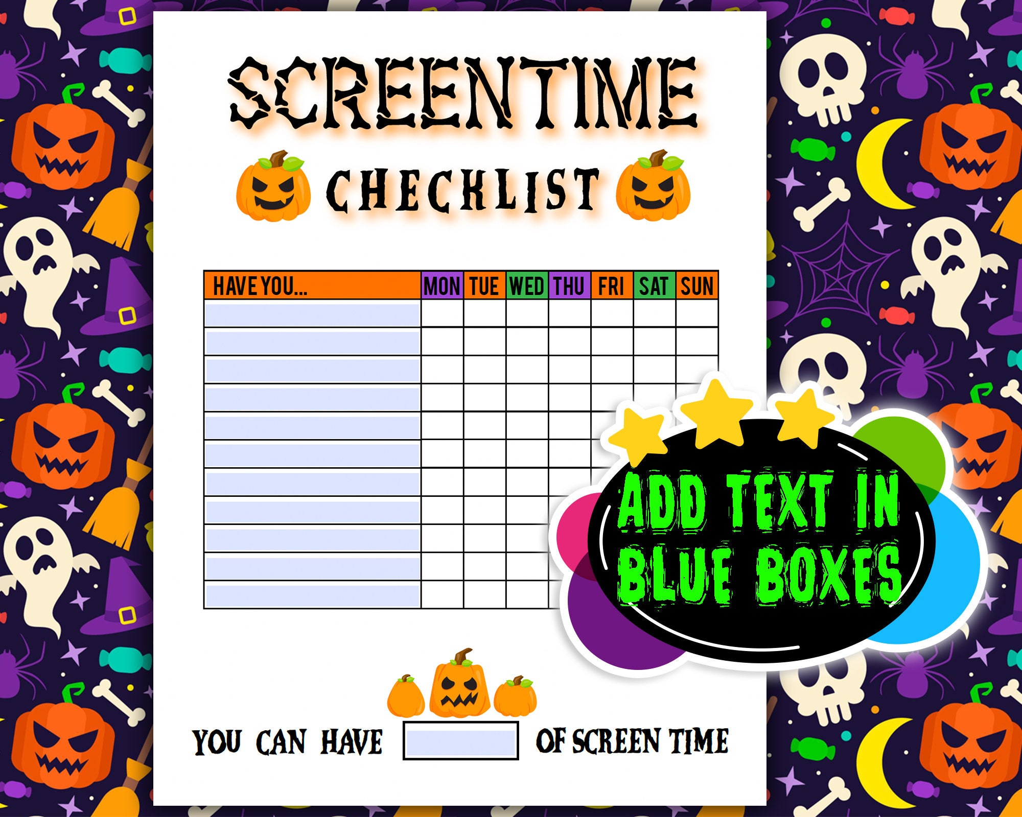 Halloween Screen Time Checklist | Editable | Instant Download | Chore ...