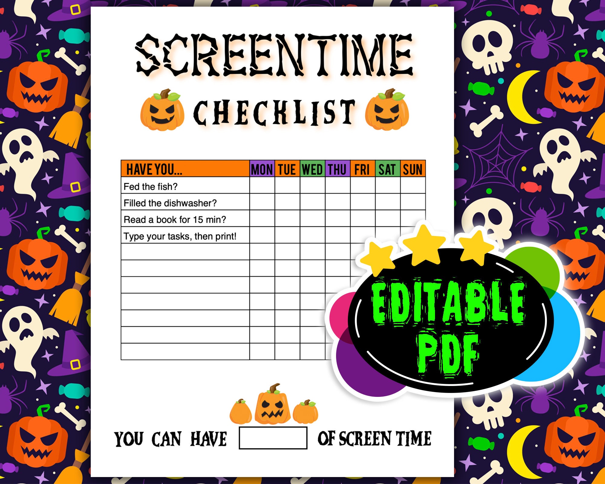 Halloween Screen Time Checklist | Editable | Instant Download | Chore ...