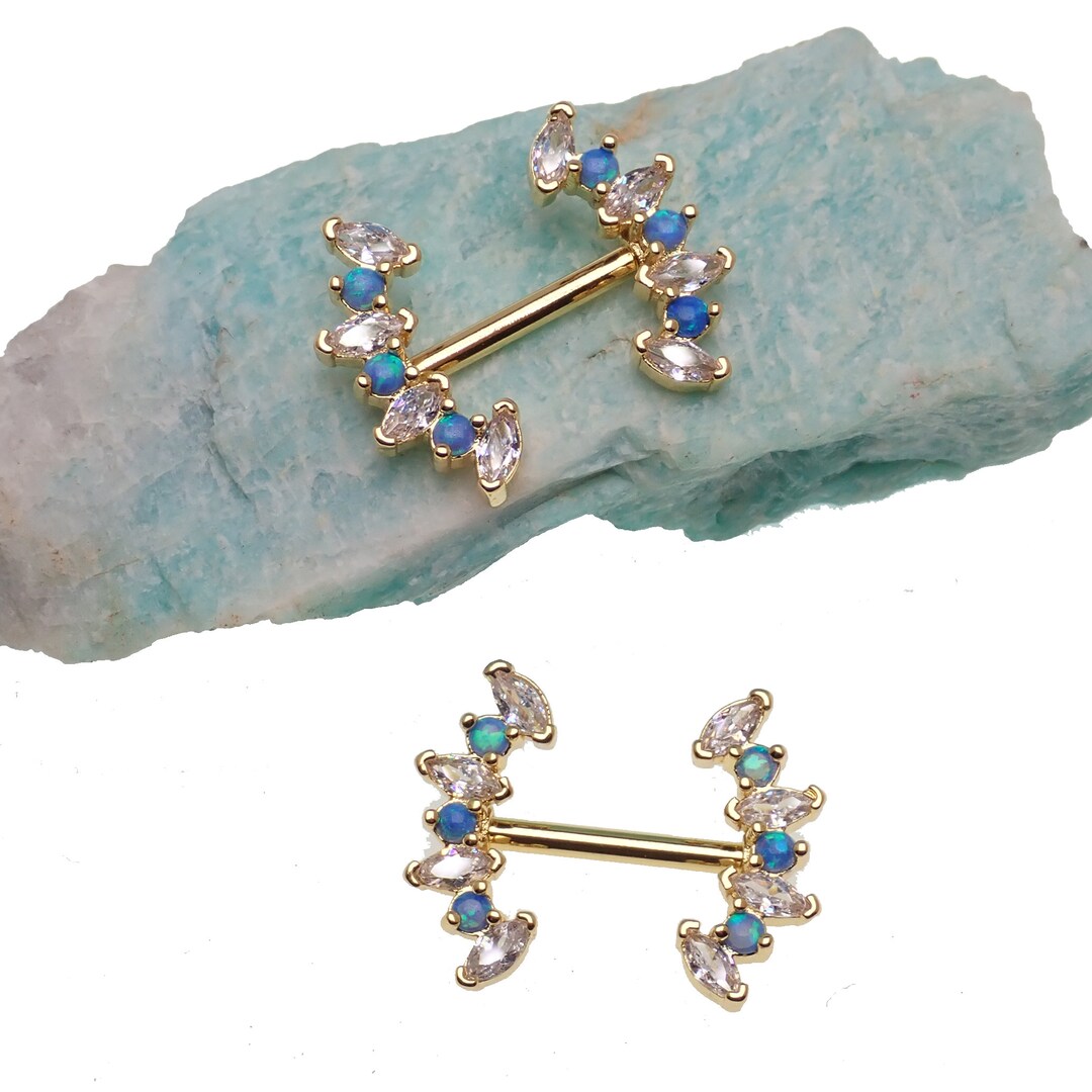 Pretty Nipple Piercing Gold Dipped, Pacific Blue Opal & Clear CZ Steel ...