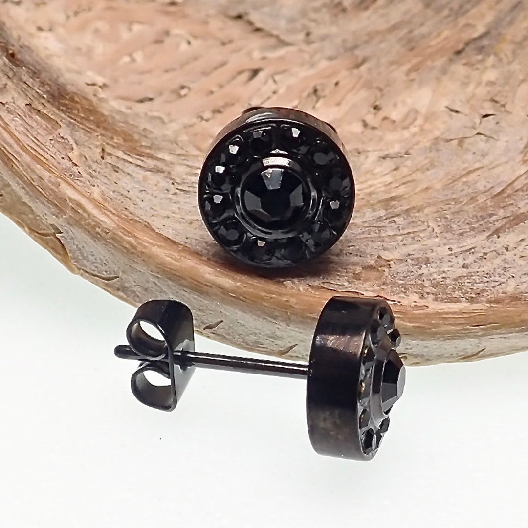 Titanium Black Crystal Gem Flat Disc Earrings, 8mm Titanium Round Disc ...